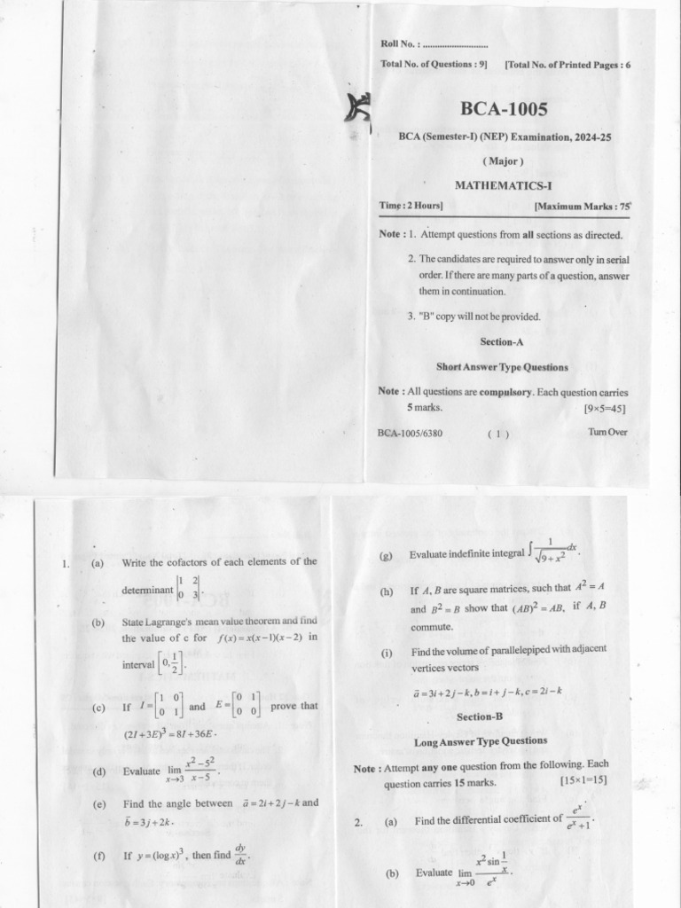 BCA I Sem - Mathematics I - 2024-25 | PDF