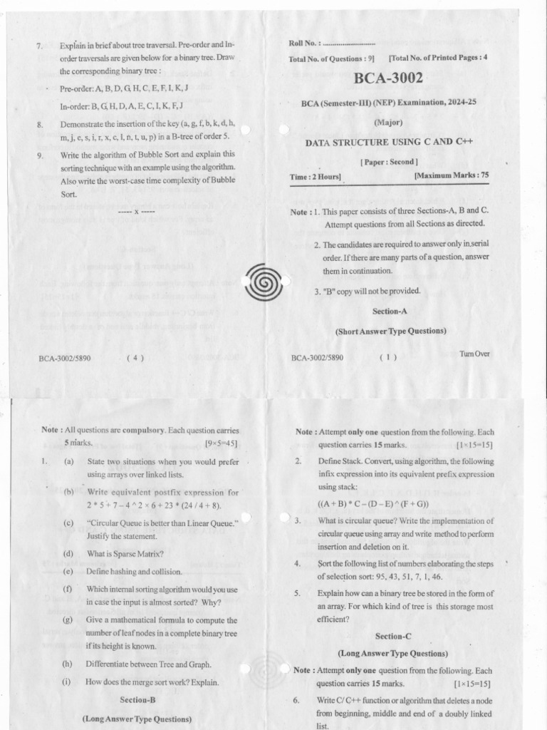 BCA III Sem - Data Structure Using C and C ++ - 2024-25 | PDF