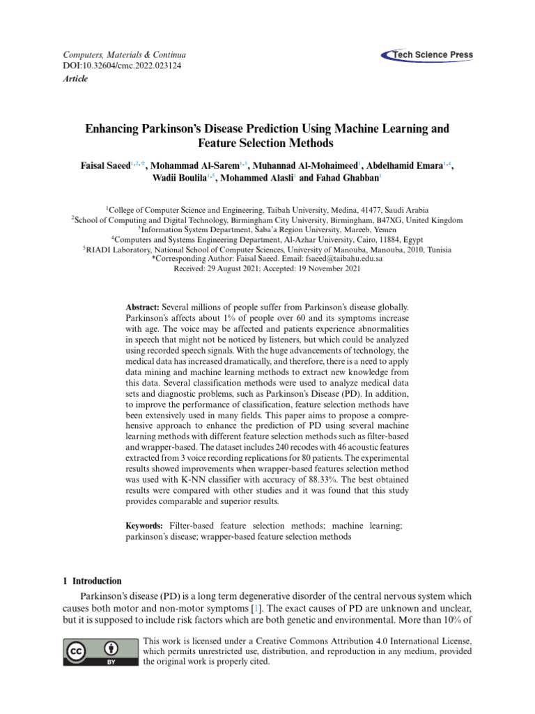 Parkinson's Disease Prediction via ML Techniques | PDF | Machine ...