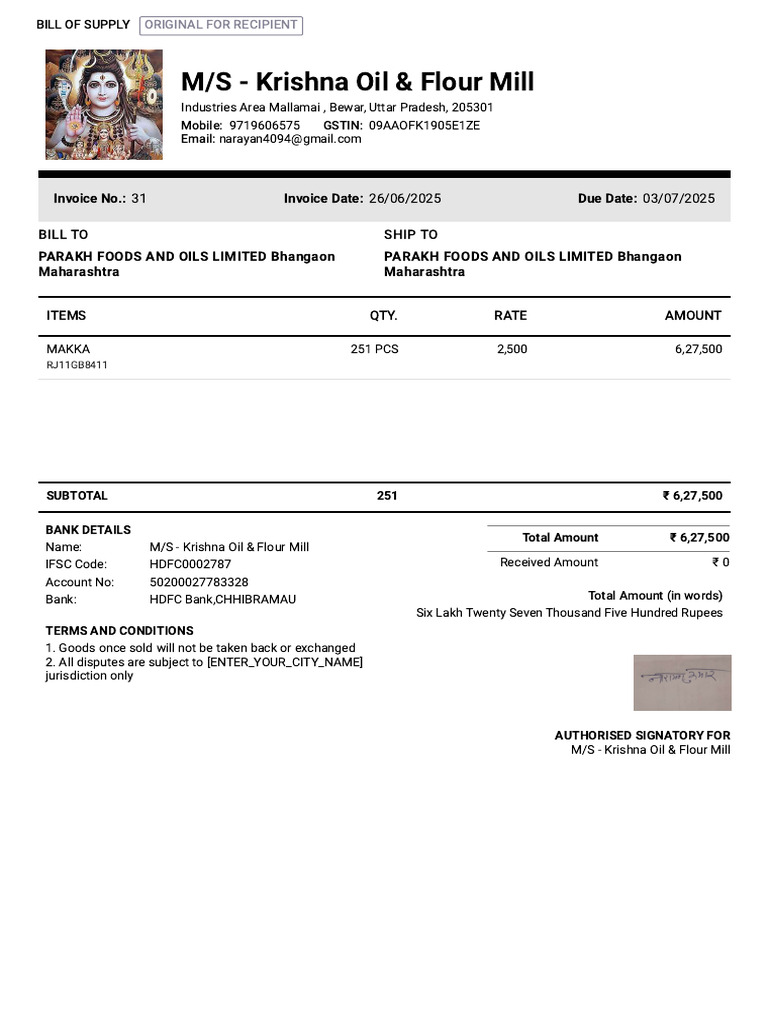 31-Sales Invoice-PARAKH FOODS and OILS LIMITED Bhangaon Maharashtra | PDF