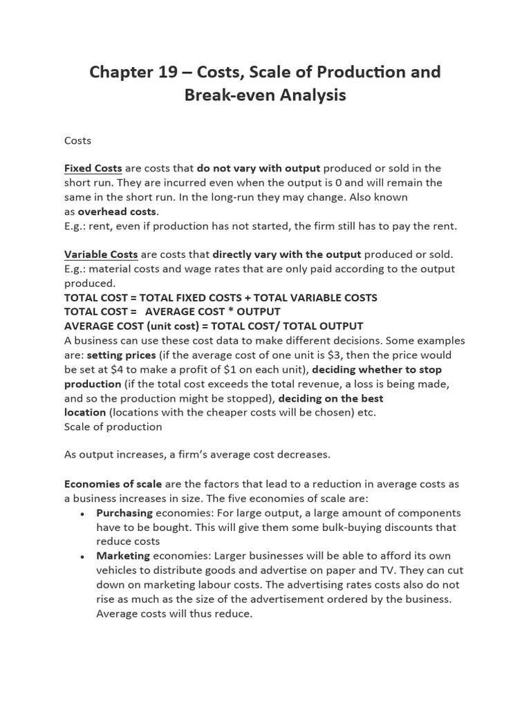 Chapter 19 Cost Scale of Production Break Even | PDF | Average Cost | Cost