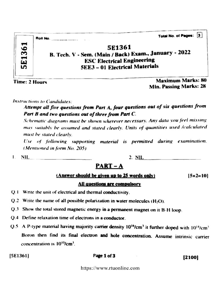 Btech Ee 5 Sem Electrical Materials 5e1361 Jan 2022 | PDF