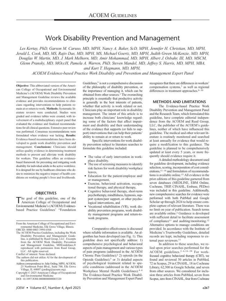 Work Disability Prevention Guidelines | PDF | Major Depressive Disorder ...
