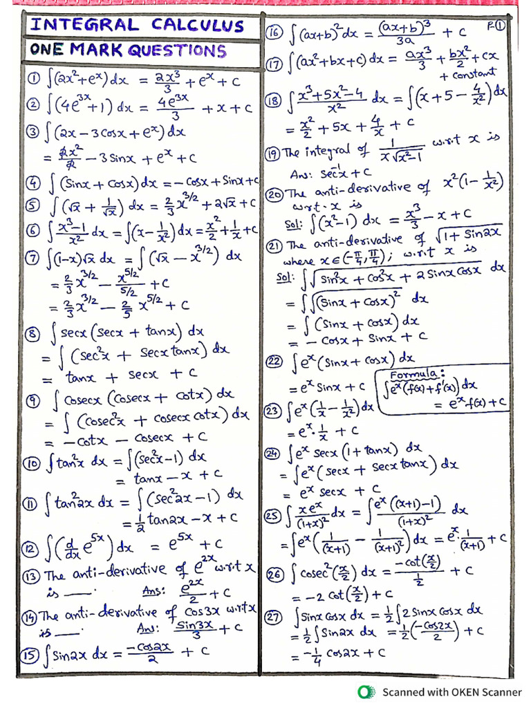 Integral Calculus Important Questions For Puc | PDF