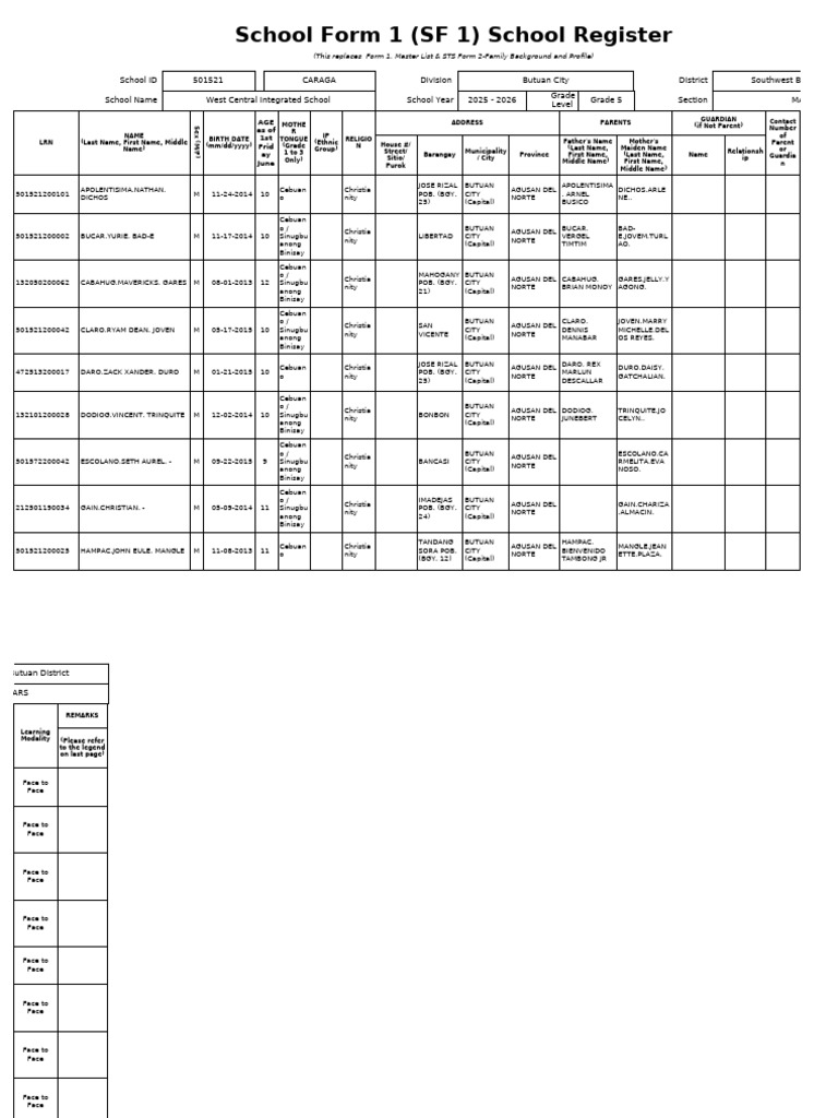 Grade 5 School Register 2025-2026 | PDF