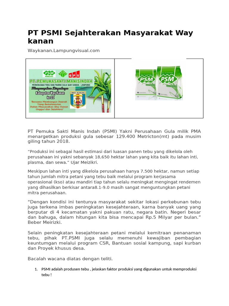 PSMI: Produksi Gula dan Kesejahteraan Waykanan | PDF