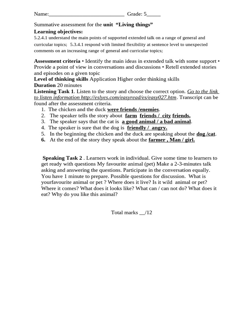 5th Grade Living Things Assessment | PDF | Learning | Human Communication