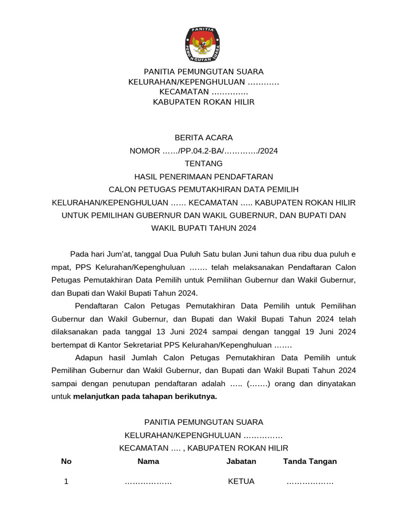 Berita Acara Hasil Penerimaan Pendaftaran Pantarlih | PDF