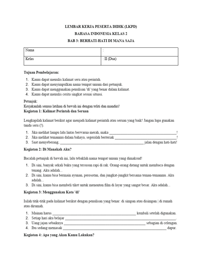 LKPD Bahasa Indonesia Kelas 2 - Bab 3 | PDF