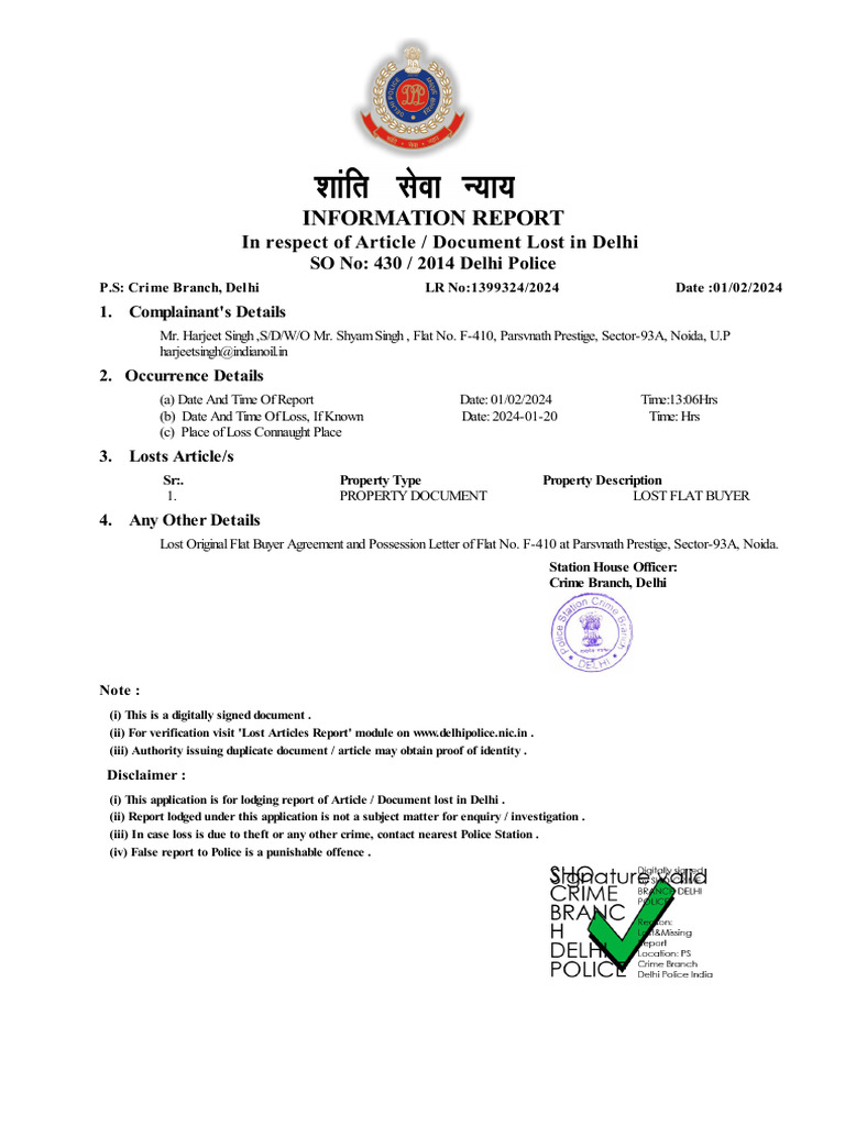 Harjeet Singh's Lost Property Report | PDF