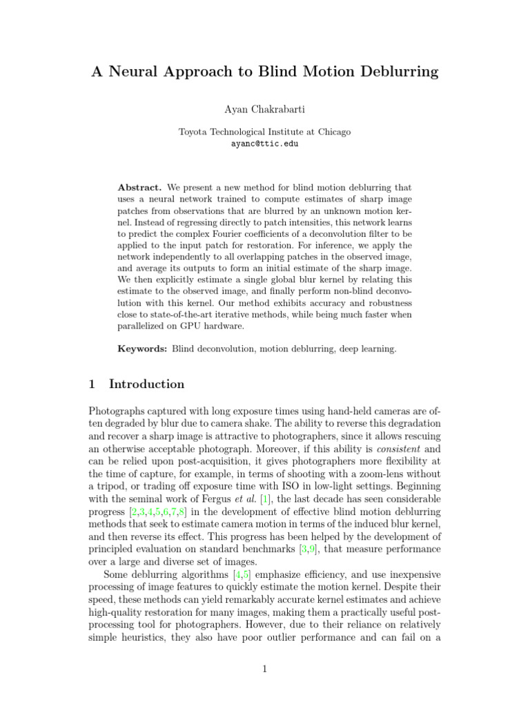 Neural Approach To Blind Motion Deblurring | PDF | Discrete Fourier Transform | Convolution