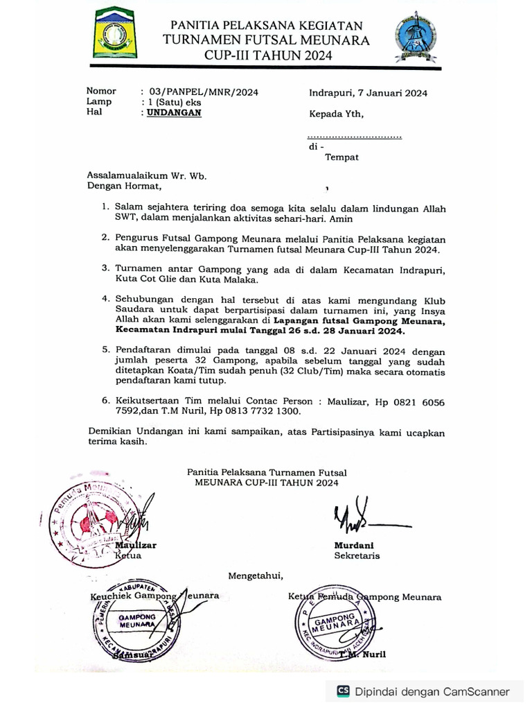 Undangan Tim Futsal Meunara Cup III | PDF