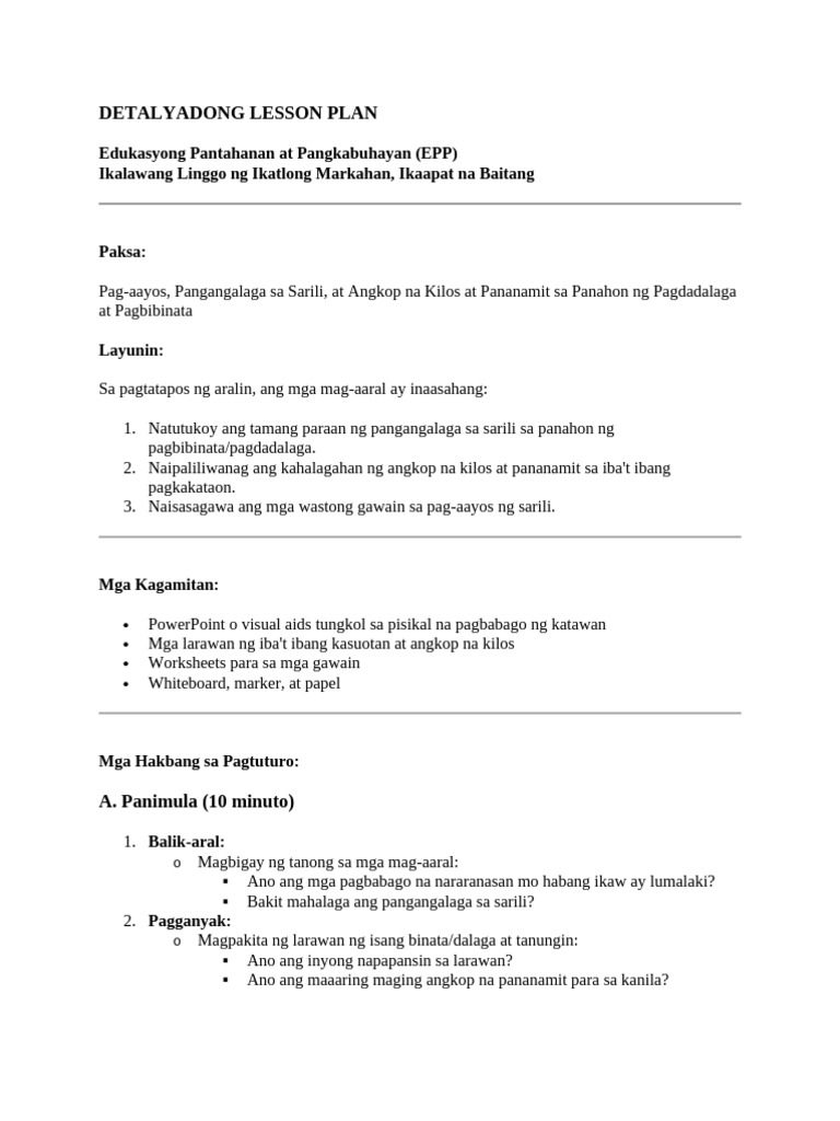 DETALYADONG LESSON PLAN Pagdadalaga at Pagbibinata | PDF