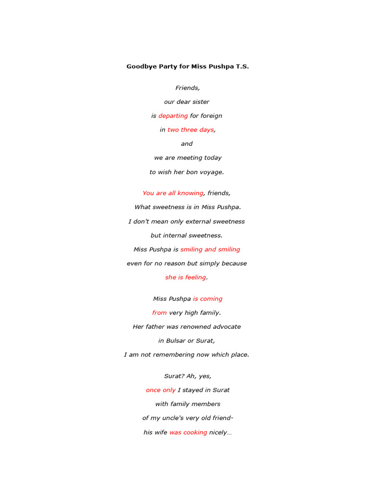 Poem 2 Goodbye Party For Miss Pushpa T S | PDF | Poetry | English Language