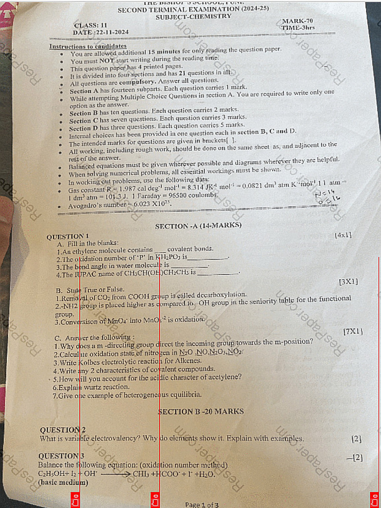 Class 11 Chemistry Termination Exam 2024 | PDF | Physical Sciences ...