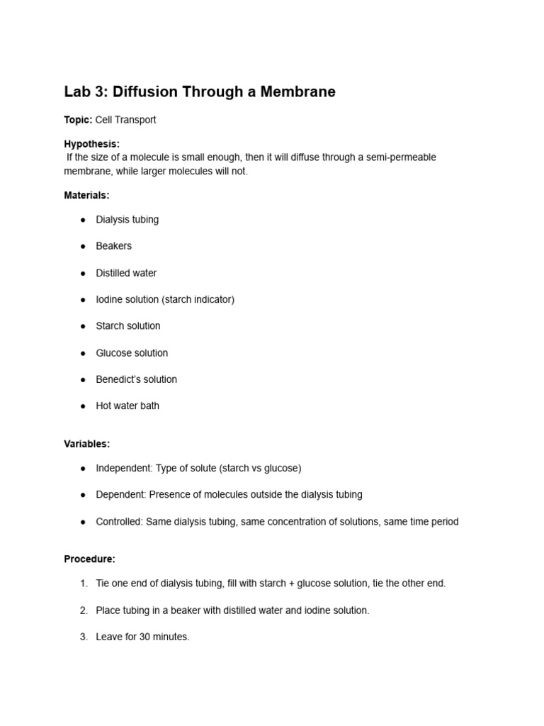 Lab 3 - Diffusion Through A Membrane | PDF