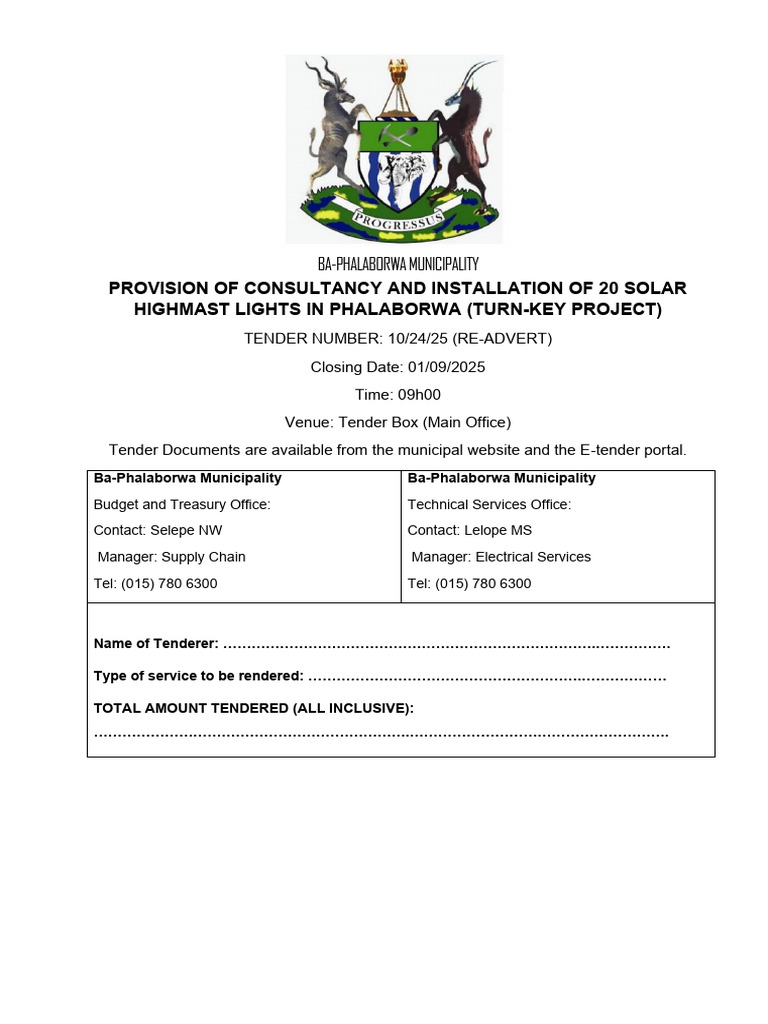 Provision of Consultancy and Installation of 20solar Highmast Lights in ...