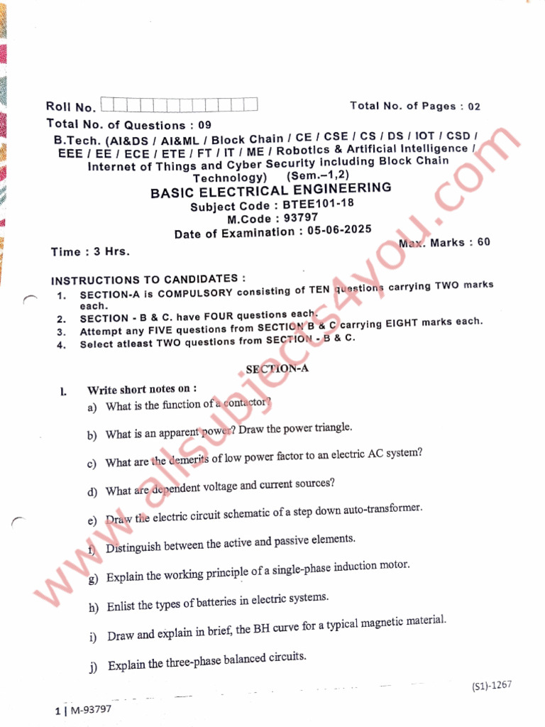 BTech Sem 1 2 BTEE 101 18 Basic Electrical Engineering (05!06!2025) | PDF | Inductor | Capacitor