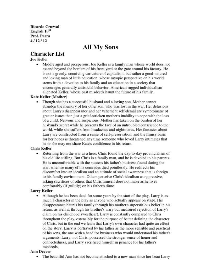 All My Sons: Character List | PDF