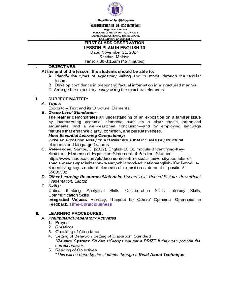 Expository Writing Lesson Plan for Grade 10 | PDF | Essays | Learning