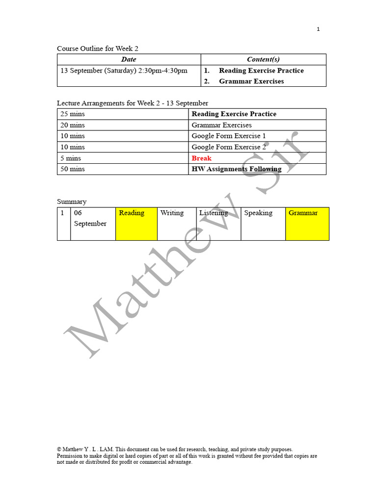 Course Outline and Lecture Arrangement On Week 2 (Anson) | PDF