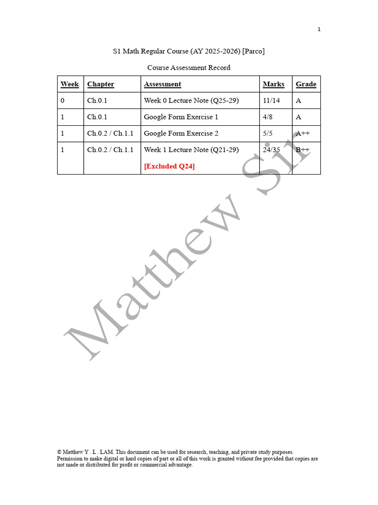 S1 Math Course Assessment Record 2025-2026 | PDF