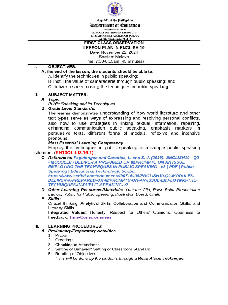 Lesson Plan Final PUBLIC SPEAKING | PDF | Public Speaking | Learning