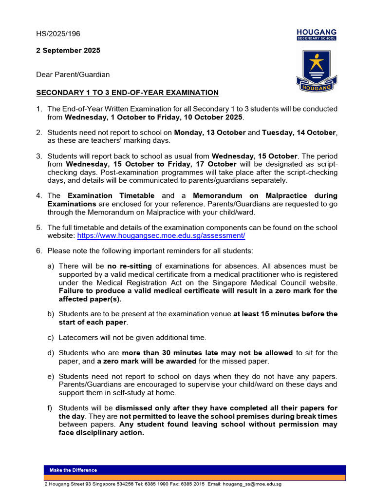 HS-2025-196 （2025） EOY Exam Cover Letter + Timetable-1 | PDF