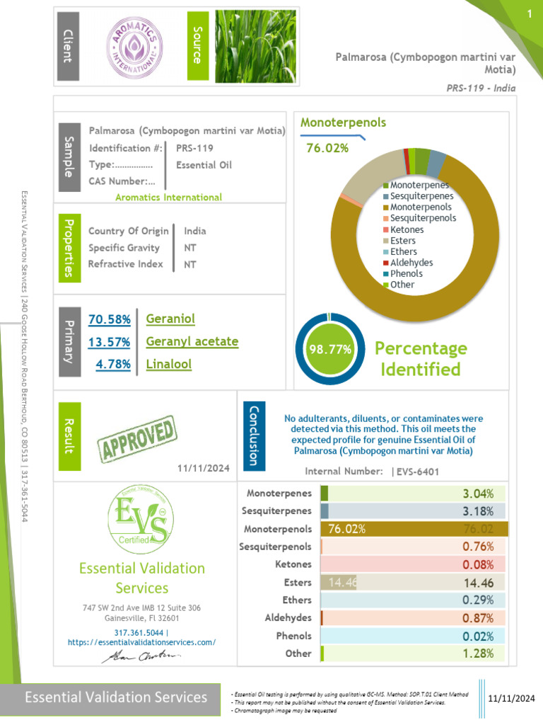 Palmarosa (Cymbopogon Martini Var Motia) India PRS 119 | PDF | Ester | Organic Chemistry