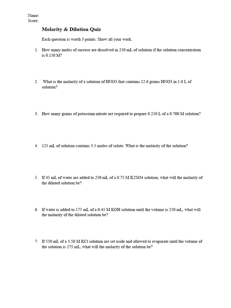 Molarity & Dilution Quiz | PDF