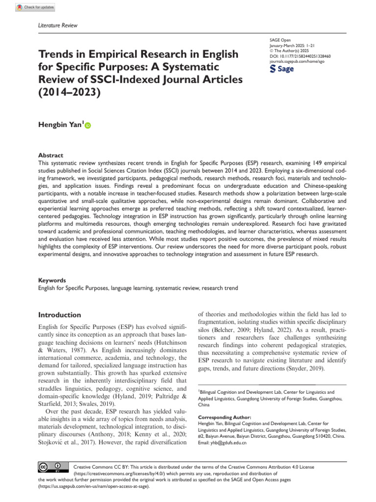 Yan 2025 Trends in Empirical Research in English For Specific Purposes ...