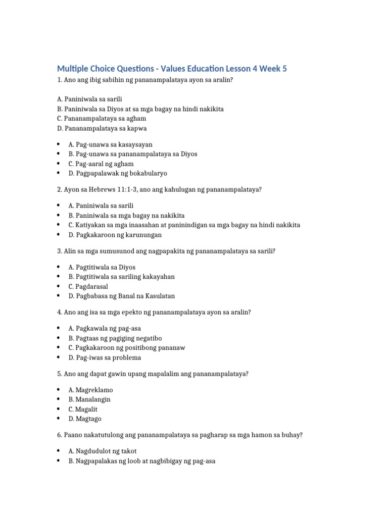 Multiple Choice Questions - Values Education Lesson 4 Week 5 | PDF