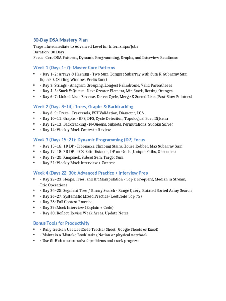 30 Day DSA Mastery Plan | PDF