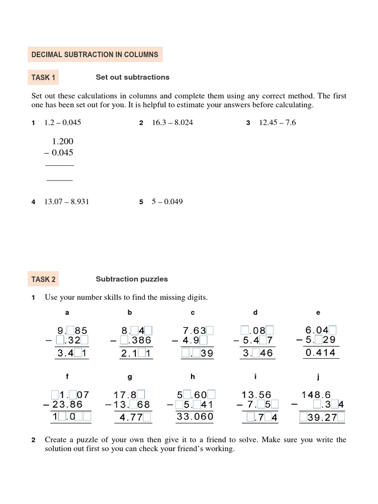 Decimal Subtraction in Columns | PDF