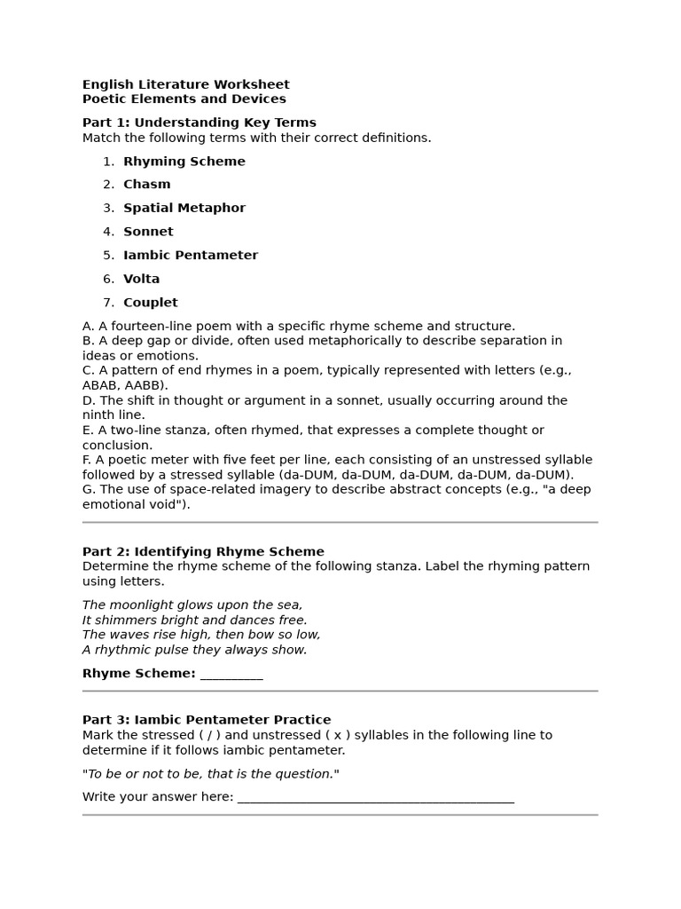 Poetic Elements Worksheet for Students | PDF | Poetry | Rhyme