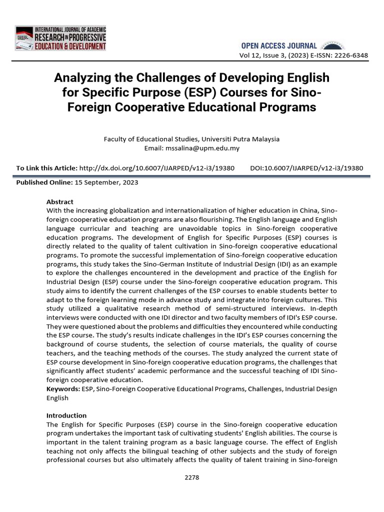 Analyzing The Challenges of Developing English For Specific Purpose (ESP) Courses For Sino ...