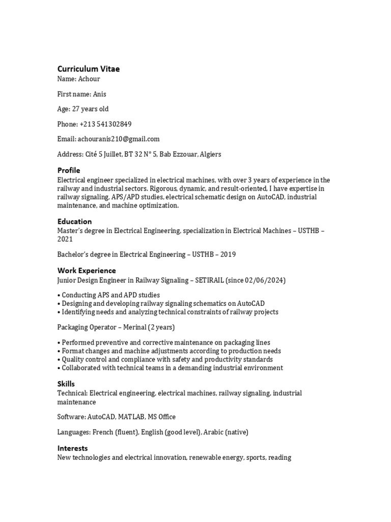 Anis Achour: Electrical Engineer CV | PDF