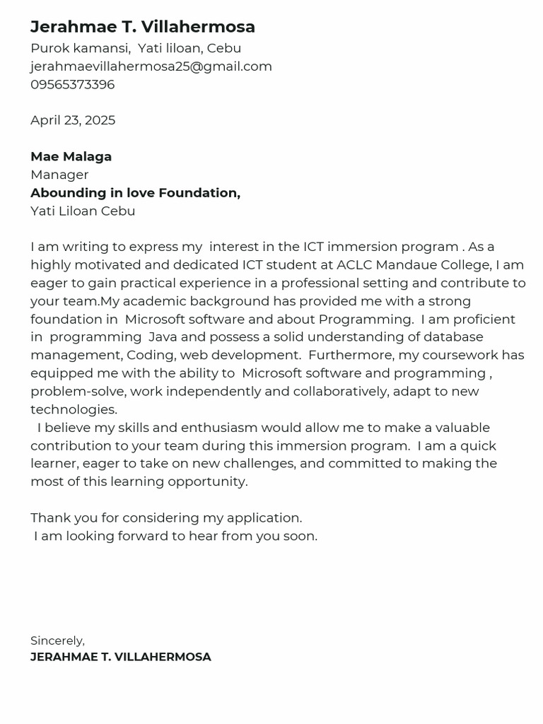 ICT Immersion Program Application Letter | PDF