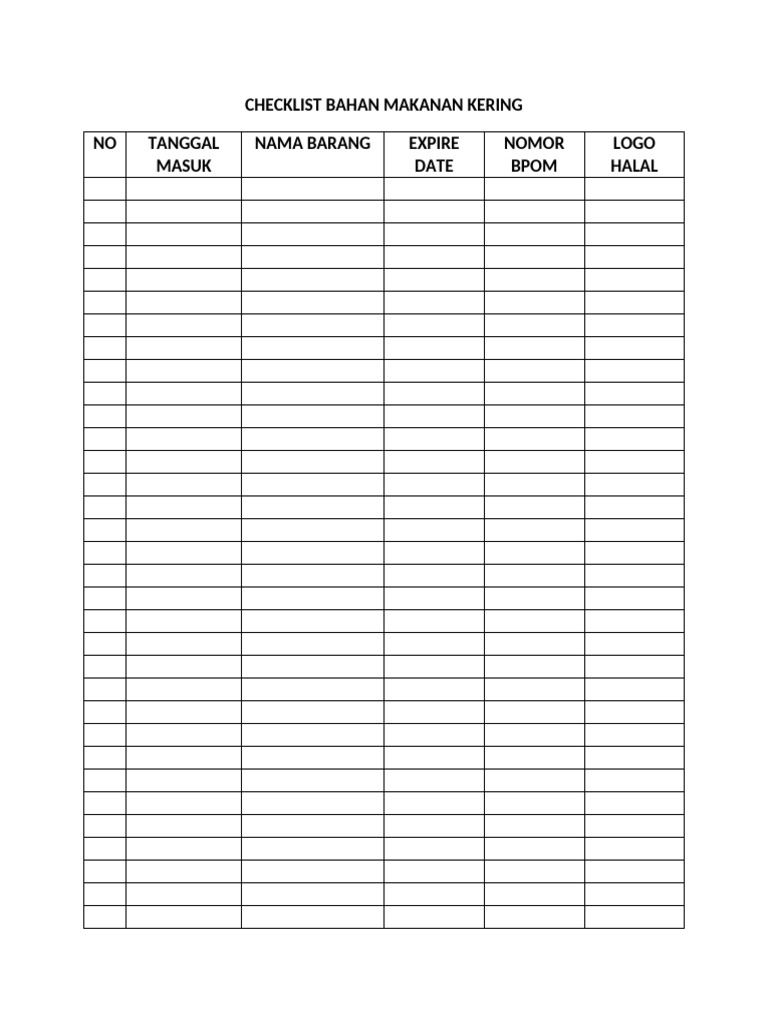 Checklist Bahan Makanan Kering | PDF