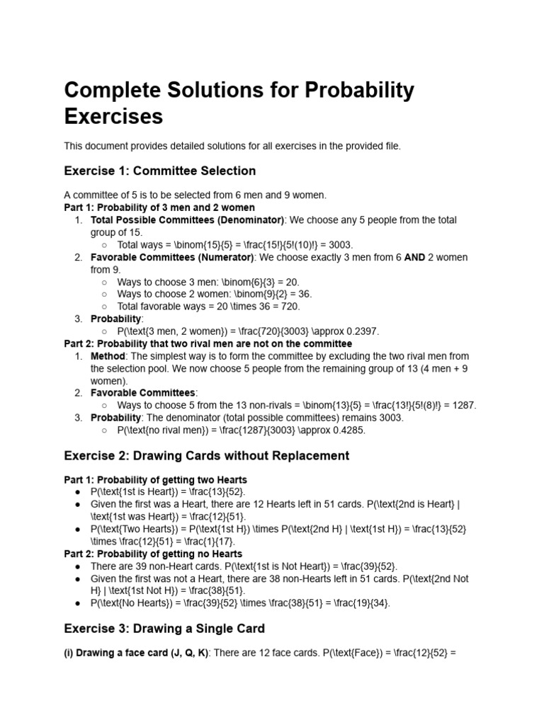 Probability Exercise Solutions Explained | PDF | Odds | Mathematical ...