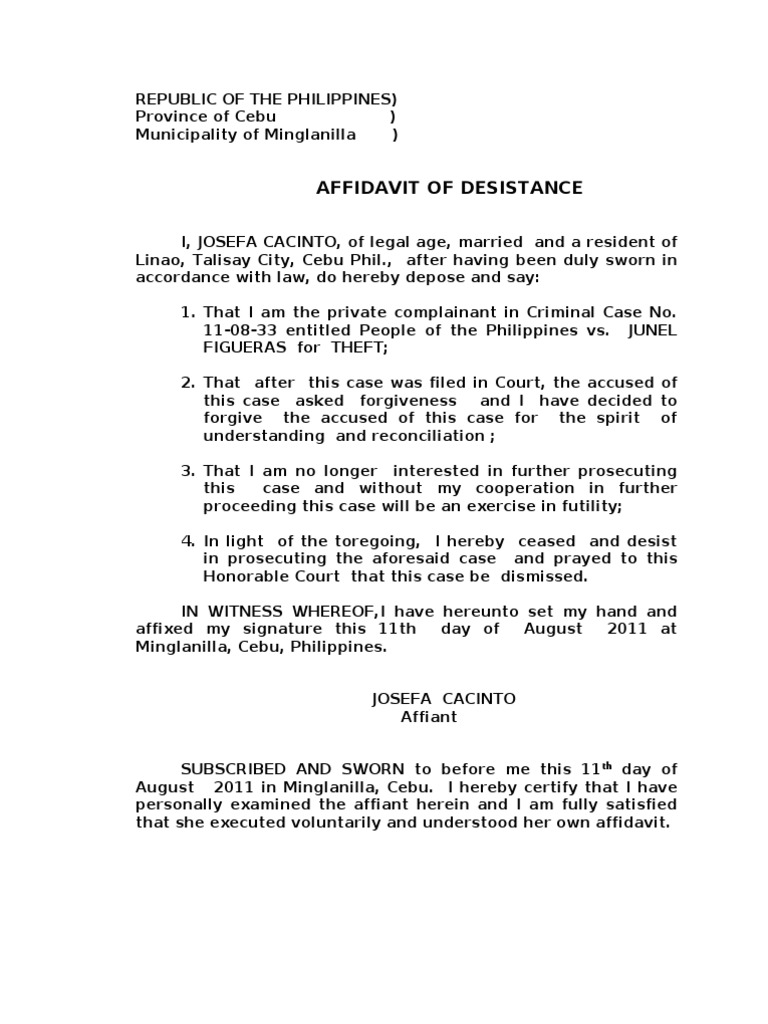 Affidavit of Desistance Example | PDF | Social Science