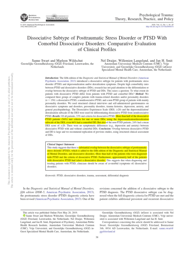Dissociative Subtype of Posttraumatic Stress Disorder or PTSD With ...
