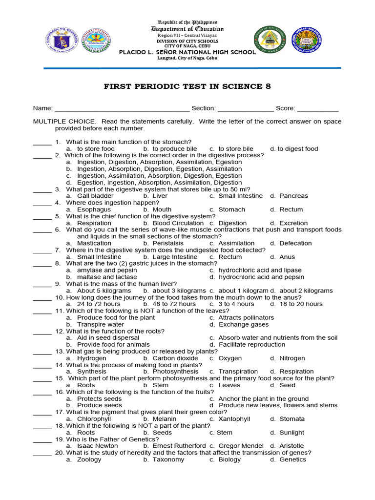 2025 26 First Periodic Test Science 8 | PDF | Zygosity | Digestion