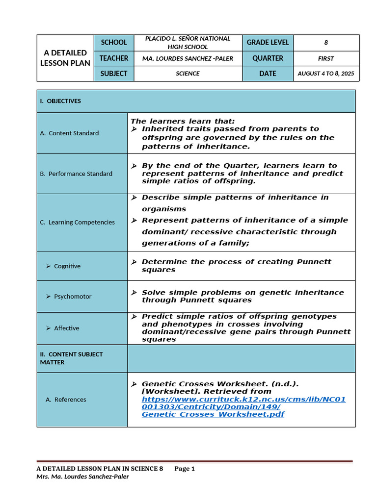 Grade 8 Science Lesson Plan: Genetics | PDF | Dominance (Genetics ...