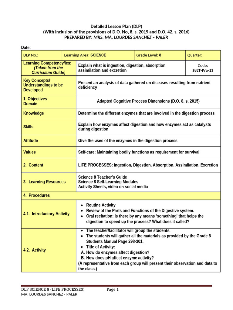 Grade 8 Science Lesson Plan on Digestion | PDF | Digestion | Enzyme