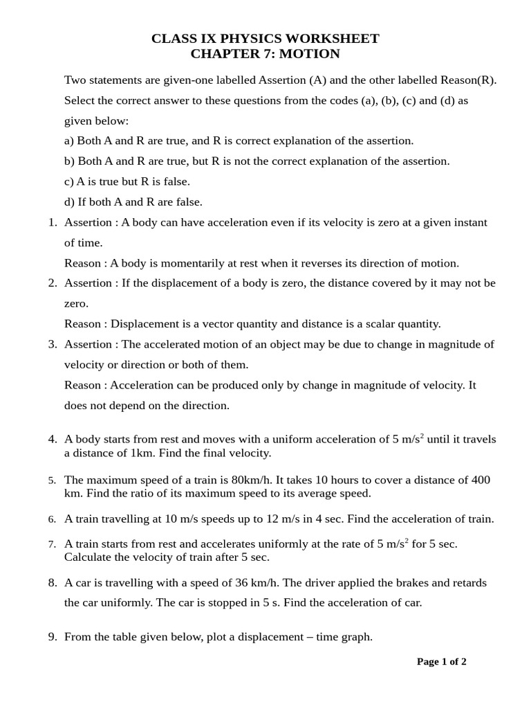 Class IX Physics Motion Worksheet | PDF | Velocity | Acceleration