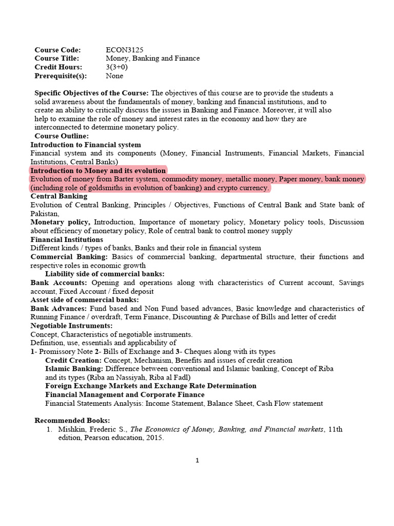 Course Outline ECON3125 Money Banking and Finance | PDF | Money | Banks