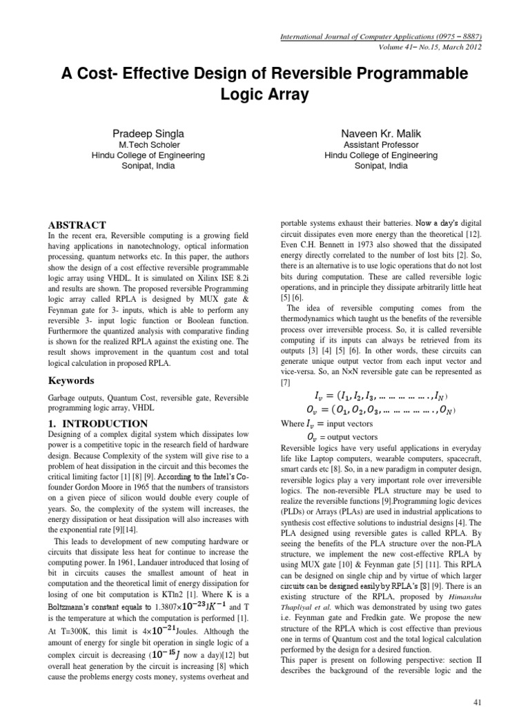 A Cost - Effective Design of Reversible Programmable Logic Array | PDF ...