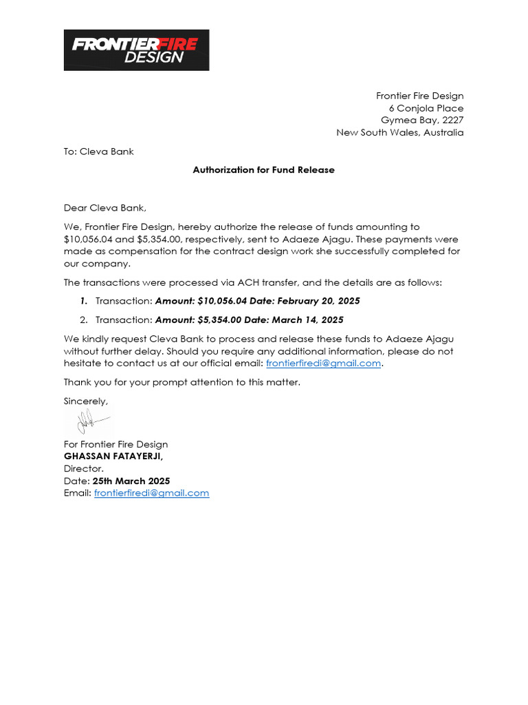 Authorization Letter Frontier Fire Design To Cleva Bank | PDF