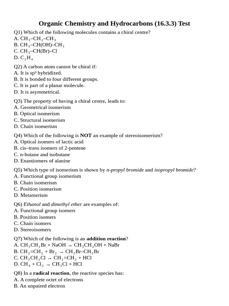 Organic Chemistry and Hydrocarbons Test Questions | PDF | Isomer ...